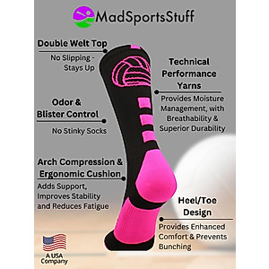 MadSportsStuff Volleyball Logo Crew Socks (Black/Neon Pink, Small)