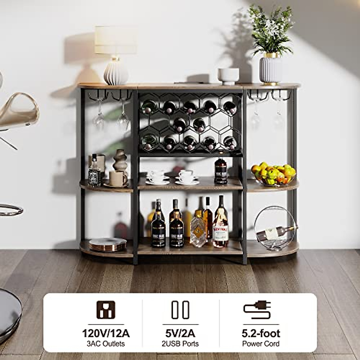 Logianis Wine Rack Table with Outlet and LED Light 47.3 Inch FreeStanding Wine Bar Rack Wooden Rustic Wine Storage with Wine Shelf and Glass Holder Wine Bar Cabinet Rustic Brown