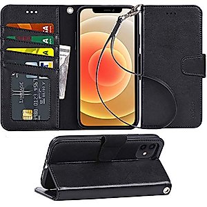 Arae Case for iPhone 12 / iPhone 12 Pro 6.1 inch Wallet Case Flip Cover with Card Holder and Wrist Strap for iPhone 12 / iPhone 12 Pro 6.1 inch - Black