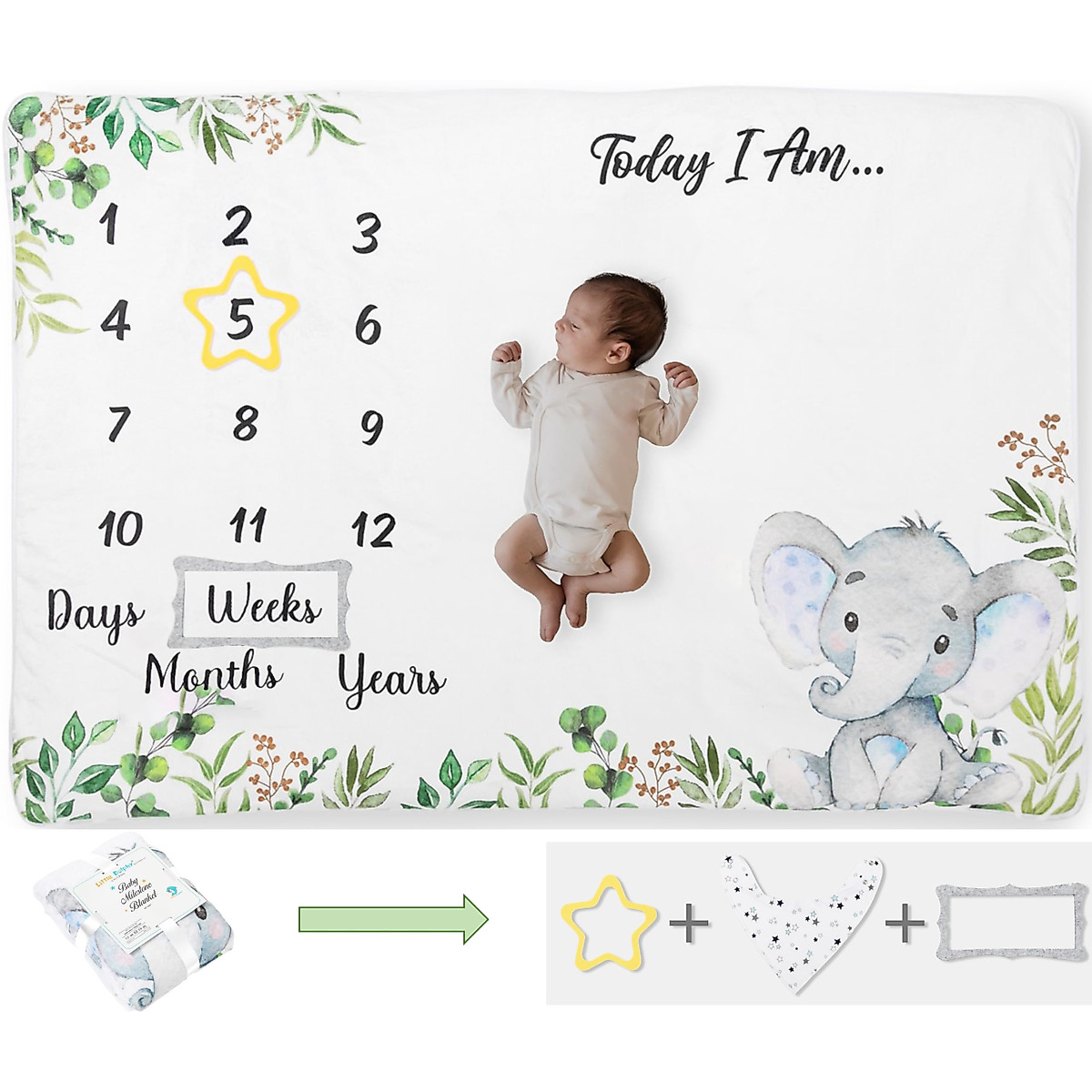 Baby Milestone Blanket, 60"x40", Baby Month Blanket for Unisex Babys, First Year Calendar Monthly Growth Chart, (Light Gray Elephant)