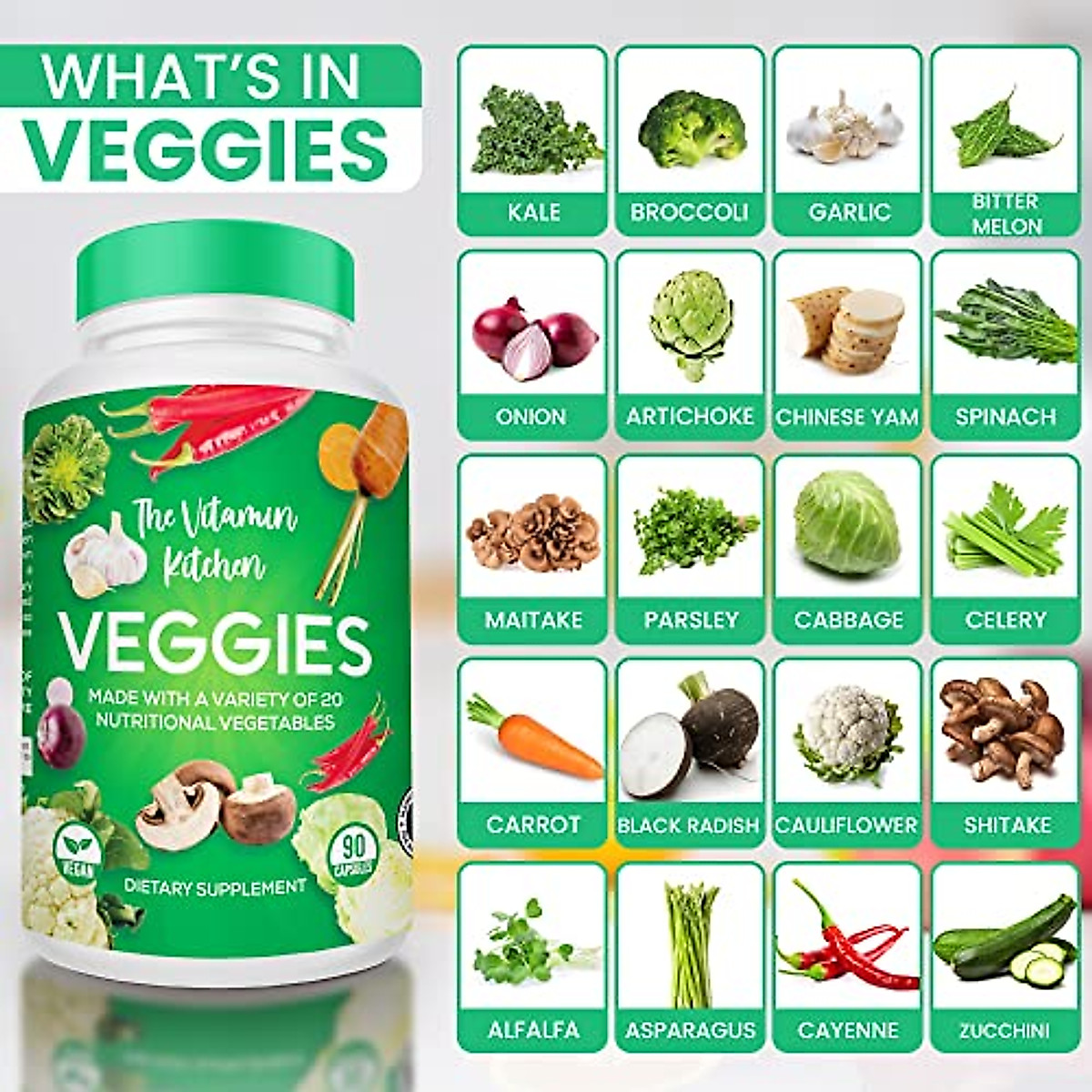 The Vitamin Kitchen Fruit and Veggie Supplements-90 Fruits, 90 Veggies Capsules to Boost Energy Balance - Whole Food Fruits and Vegetable from Nature - Made in USA - Soy & Vegan Free (Pack of 2)