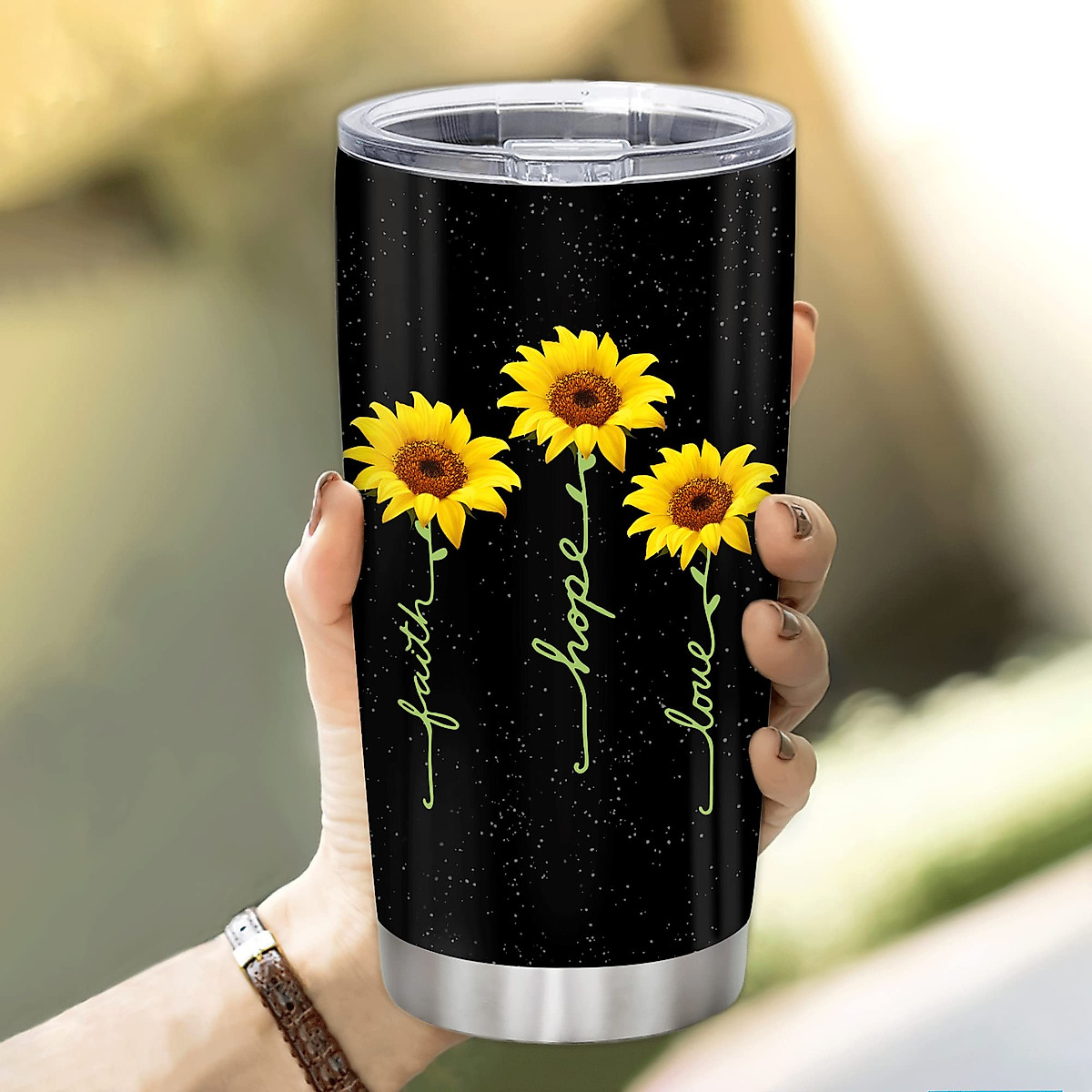 Hyturtle Personalized Gifts For Sunflower Lover - Faith Hope Love Sunflower Custom Name Stainless Steel Tumbler 20oz With Lid - Idea Floral Lover Gifts For Women Girl On Birthday, Christmas