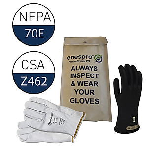 Enespro Class 00 Black Rubber Voltage Insulating Glove Kit with Leather Protectors, Max. Use Voltage 500V AC/ 750V DC (KITGC00B08)