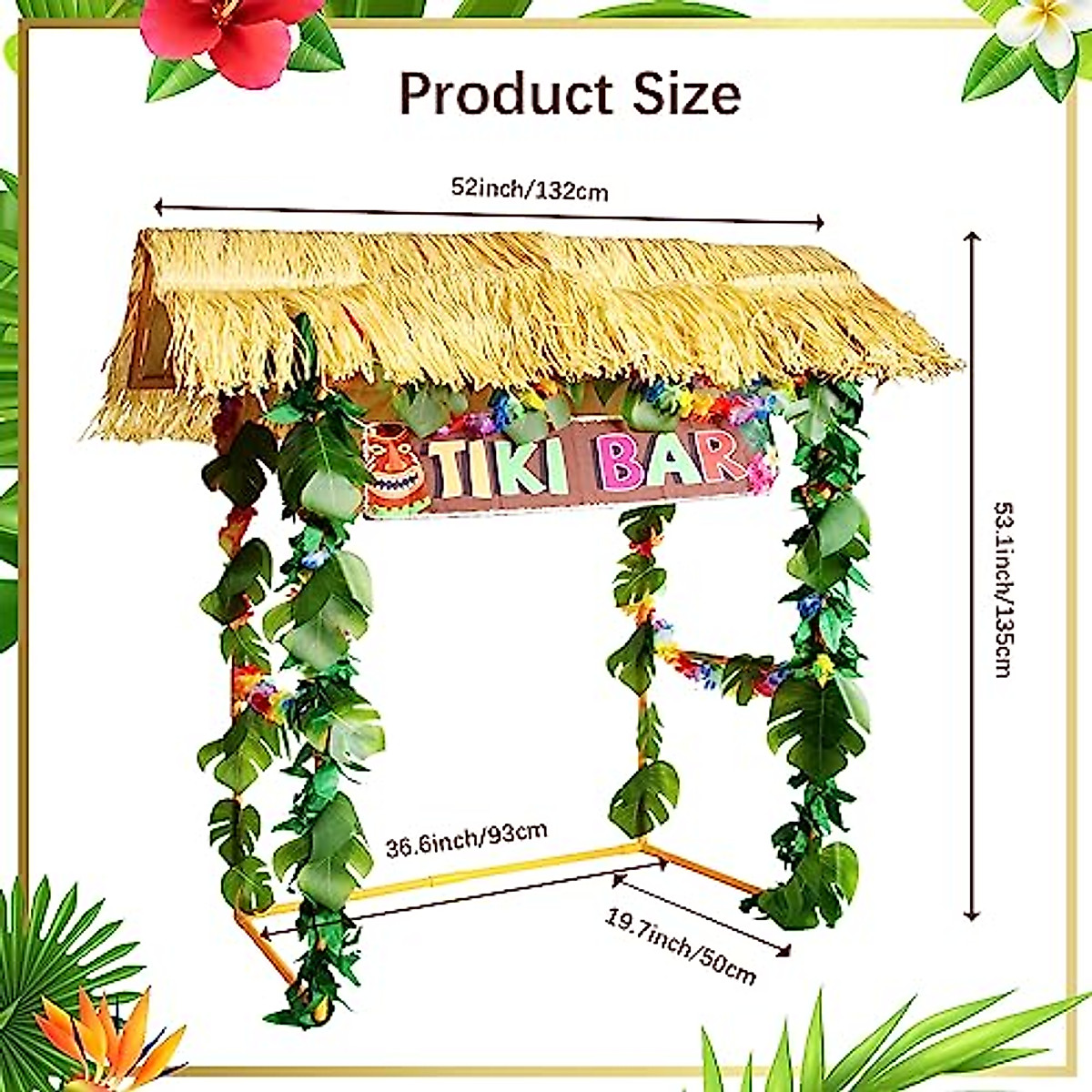 Auihiay 50PCS Tiki Bar Hut Kit, Tiki Hut Decoration Includes Tiki Bar, Banner, Roof, Palm Leaves, Flower Garland and Table Skirt, Great Hawaiian Pool Beach Luau Party Decor Supplies