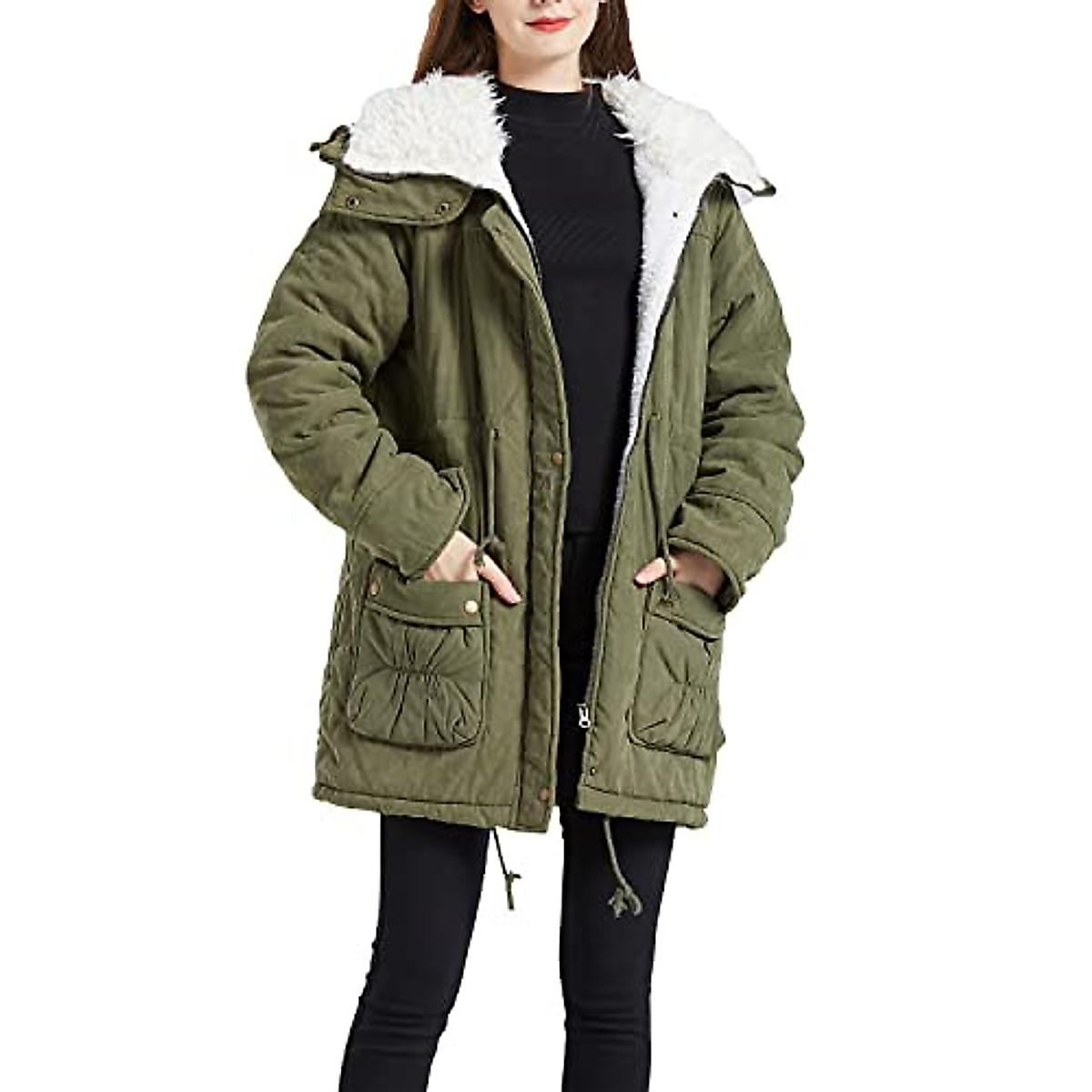 MEWOW Women's Winter Mid Length Thick Warm Faux Lamb Wool Lined Jacket Coat (M, ArmyGreen)