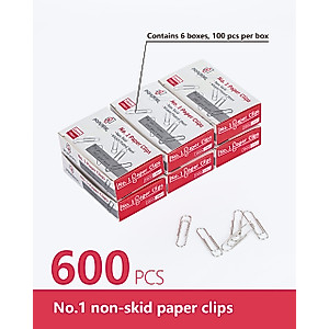 PAPERPAL #1 Nonskid Paper Clips, 600 Medium Paper Clips (6 Boxes of 100 Each), Paperclips for Office School & Personal Use, Daily DIY, 1-2/7" Silver Heavy Duty Non-Skid Paper Clip Standard Size