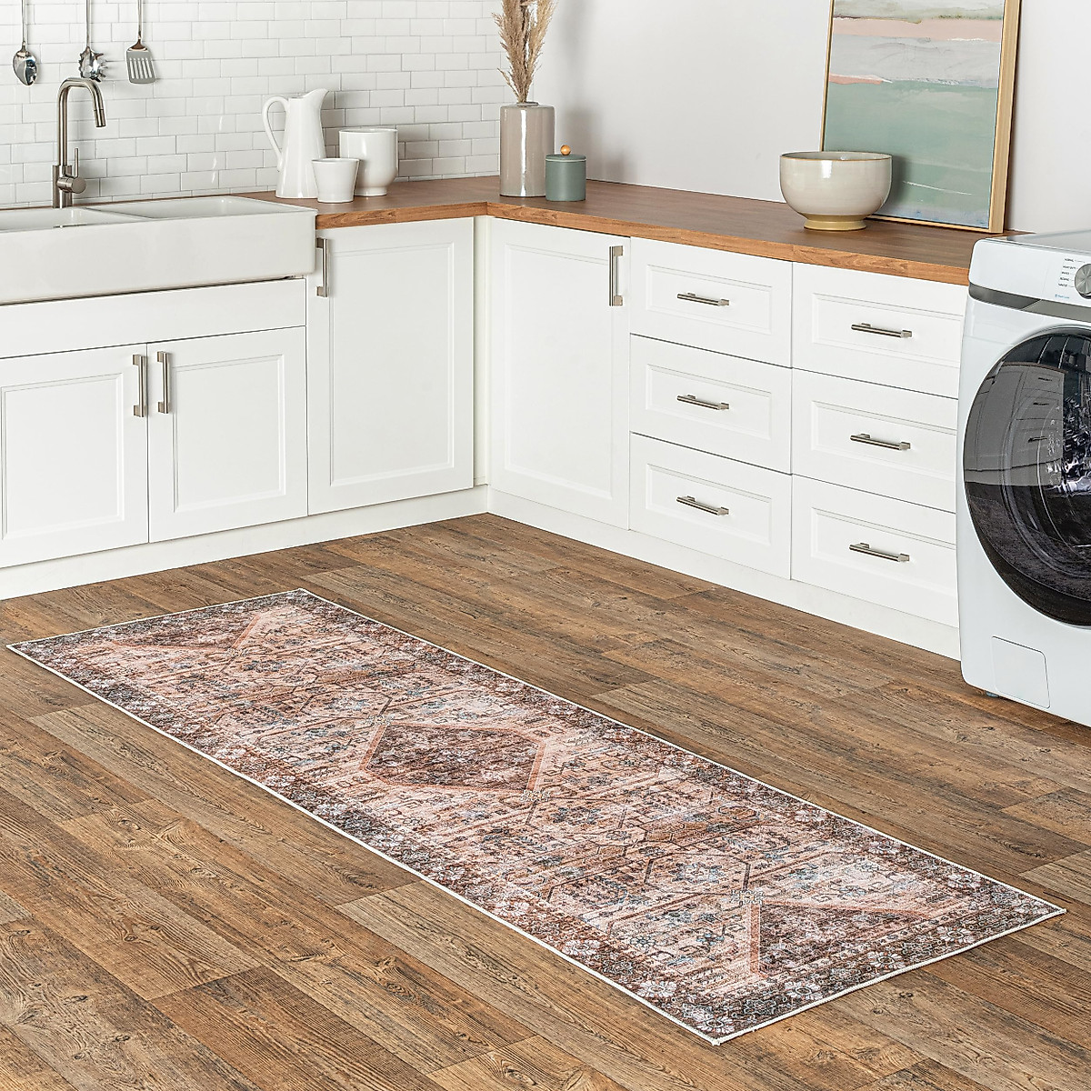 nuLOOM 2' x 12' SpinClean Machine Washable Stain-Resistant Area Rug with Non Slip Backing, Low Profile for Living Room, Bedroom, and Dining Room, Devin Light Brown