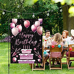 Happy Birthday Garden Flag Balloons Pink Birthday Cake Yard Flags 12x18 Inch Double Sided Burlap Banner for Farmhouse Outdoor Prime Birthday Party Celebration Decoration(ONLY FLAG)