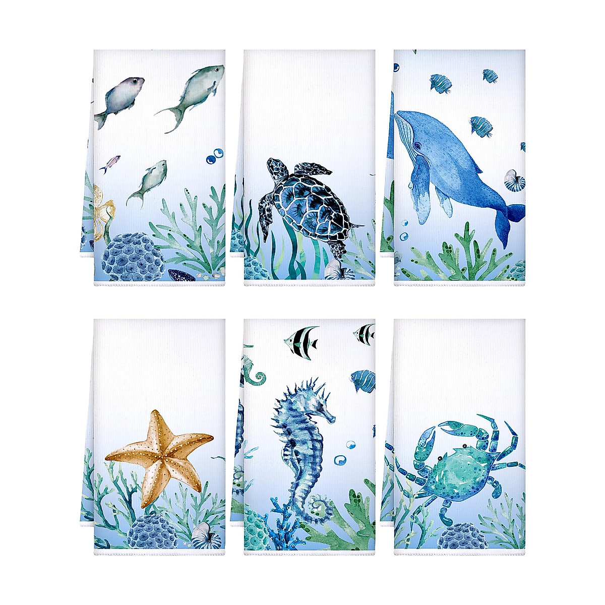 Bencailor 6 Pcs Sea Kitchen Towels Beach Dish Towels Set Turtle Ocean Animal Nautical Hand Towels for Kitchen Decorative Soft Dish Cloths Absorbent Kitchen Tea Towels (Animal Style)