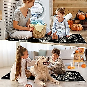 Tailus Happy Halloween Kitchen Rugs Set of 2, Skeleton Skull Spooky Bone Bat Spider Web Black Kitchen Mats Decor, Funny Holiday Floor Door Mat Party Home Decorations - 17x29 and 17x47 Inch
