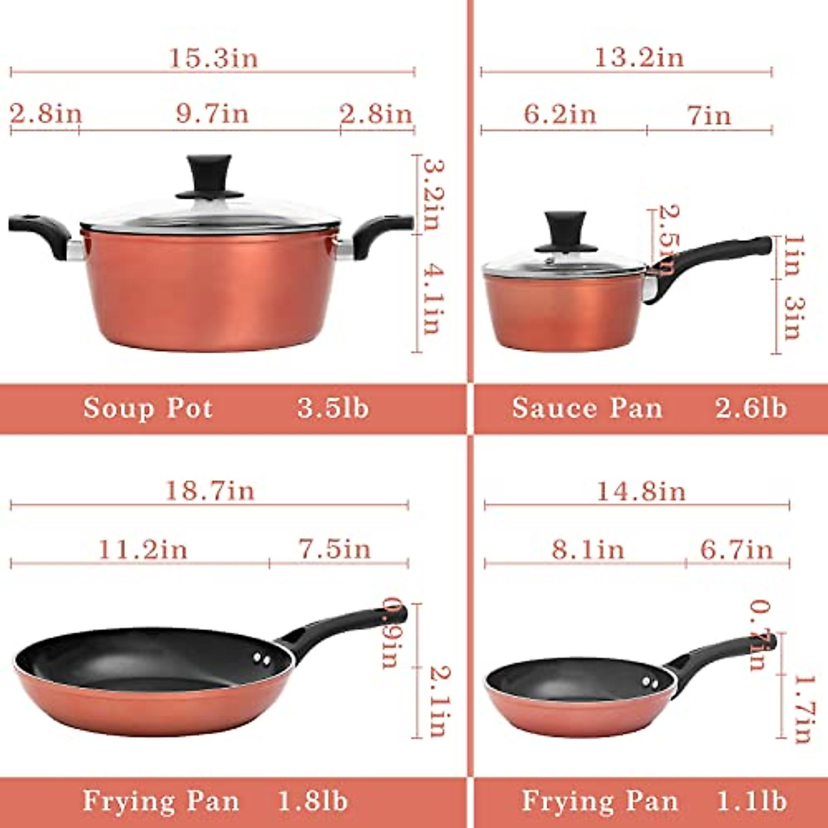 EJOYWAY kitchen pots and pans Basic 6-Piece PFAS-Free nonstick pots and pans set Ceramic Coating Multi-function Cookware Set Induction Bottom,Saucepan, Stock Pot, Frying Pan, Rose Gold