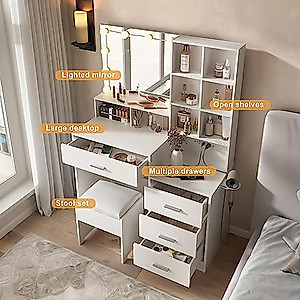 Vabches White Vanity Desk with Mirror and Lights, Makeup Vanity Table with Charging Station, 3 Lighting Modes Brightness Adjustable, 4 Drawers, 8 Shelves, Vanity Set, 38.7in(L)