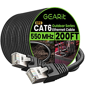 GearIT Cat6 Outdoor Ethernet Cable (200ft) 23AWG Pure Copper, FTP, LLDPE, Waterproof, Direct Burial, In-Ground, UV Resistant, POE, Network, LAN, Internet, Cat 6, Cat6 Cable - 200 Feet