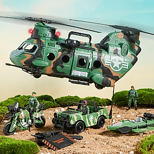 JOYIN 10-in-1 Military Helicopter Toys Set with Light, Sound, Trucks, Boat, Bike, Army Men, Weapons - Kids Gifts