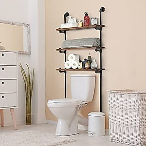 MyGift Wall Mounted Rustic Industrial Pipe Over-The-Toilet Storage Shelf with Burnt Solid Wood 3 Tier Display Shelves, Bathroom Shelf Rack