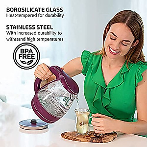 OVENTE Glass Electric Kettle Hot Water Boiler 1.5 Liter Borosilicate Glass Fast Boiling Countertop Heater - BPA Free Auto Shut Off Instant Water Heater Kettle for Coffee & Tea Maker - Purple KG83P