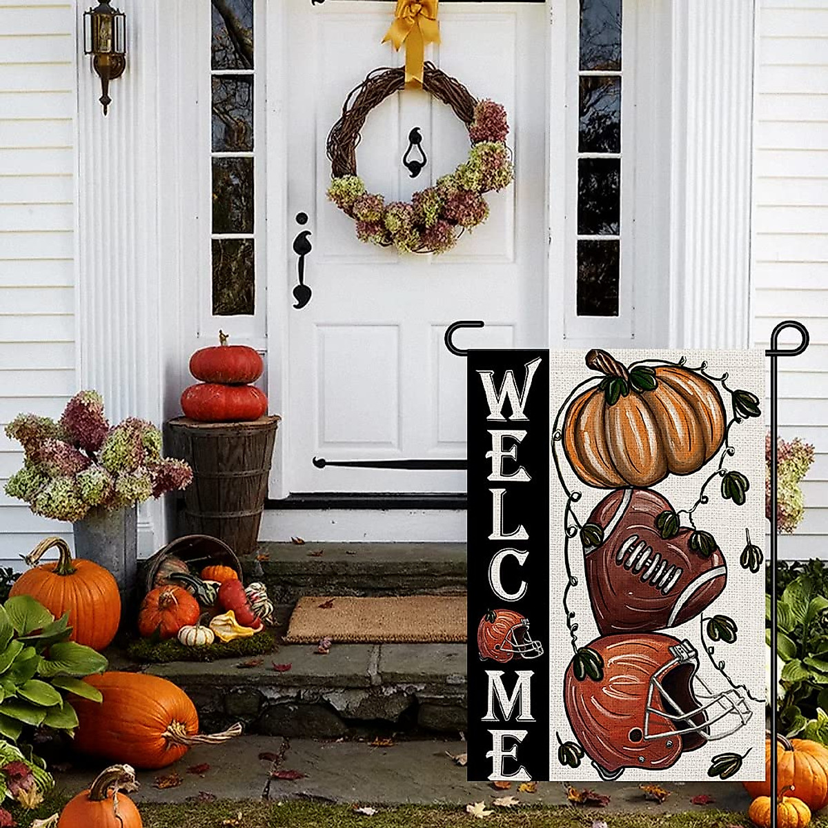 Fall Football Welcome Garden Flags 12x18 Inch Vertical Double Sided, Pumpkin Autumn Sports Game Day Sign Thanksgiving Seasonal Yard Outside Decor DF330