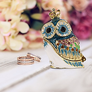 VOSAREA Owl Trinket Box Hand Painted Metal Hinged Jewelry Box Enameled Crystals Rings Earrings Necklace Storage Container Animal Figurine Collectible for Home Decor Blue