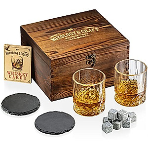 Mixology & Craft Whiskey Stones Gift Set for Men | Pack of 2, 10 oz Whiskey Glasses w/ 8 Granite Chilling Rocks, 2 Slate Coasters, Cocktail Cards in a Rustic Wooden Crate | Whiskey Essentials