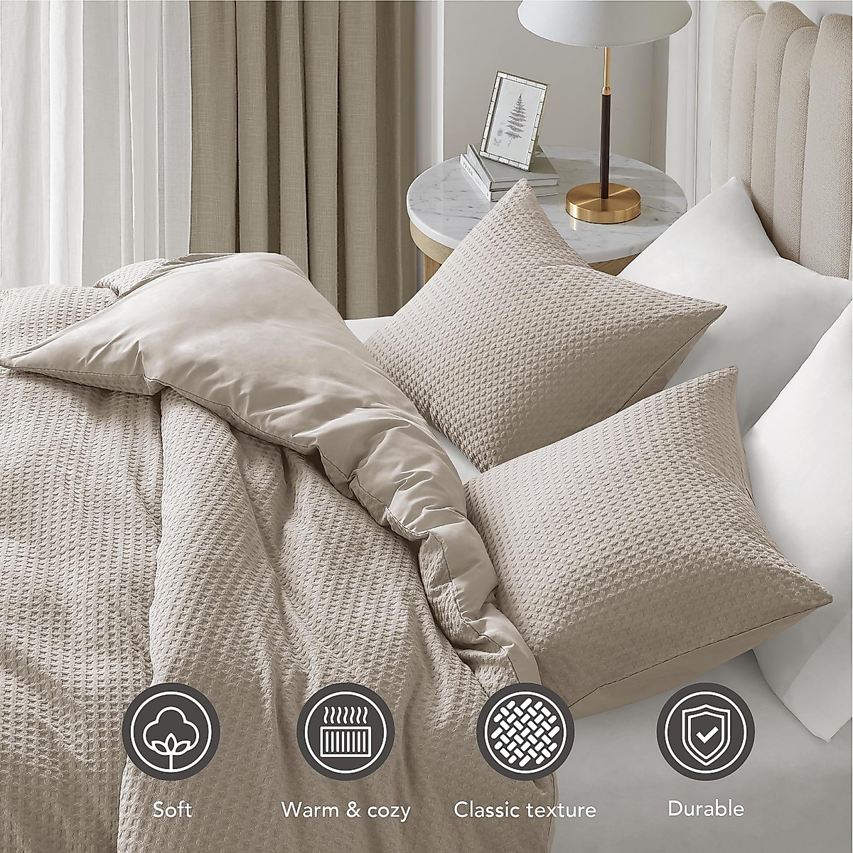 Degrees of Comfort Duvet Cover King - Waffle Weave Textured Soft 3 Pieces Bedding Comforter Cover with Pillowcase for All Season (No Comforter Included), Beige, King