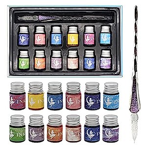 XIAOYU Mermaid Story Glass Pen, Mermaid Story Glass Dip Pen Ink Set, Mermaid Story Calligraphy Dip Pens, Starry Sky Crystal Calligraphy Pen and Ink Set with 12 Colorful Inks, Purple