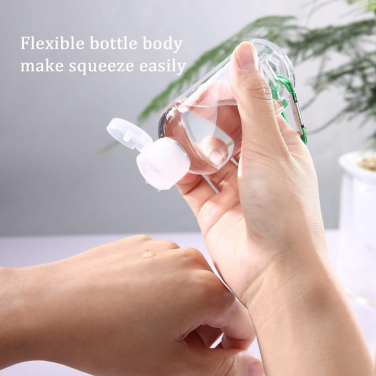 VHOPMORE 8 Pcs Travel Size Bottles with Keychain Hand Sanitizer Holder, 2 oz Portable Plastic Small Empty Bottles Leakproof Refillable Squeeze Containers for Backpack