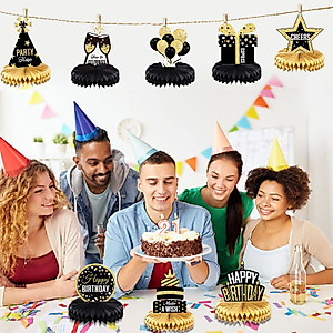 8 Pieces Happy Birthday Party Decorations Supplies Birthday Honeycomb Centerpieces Birthday Table Toppers for Birthday Party Favor Photo Booth Props, Black and Gold