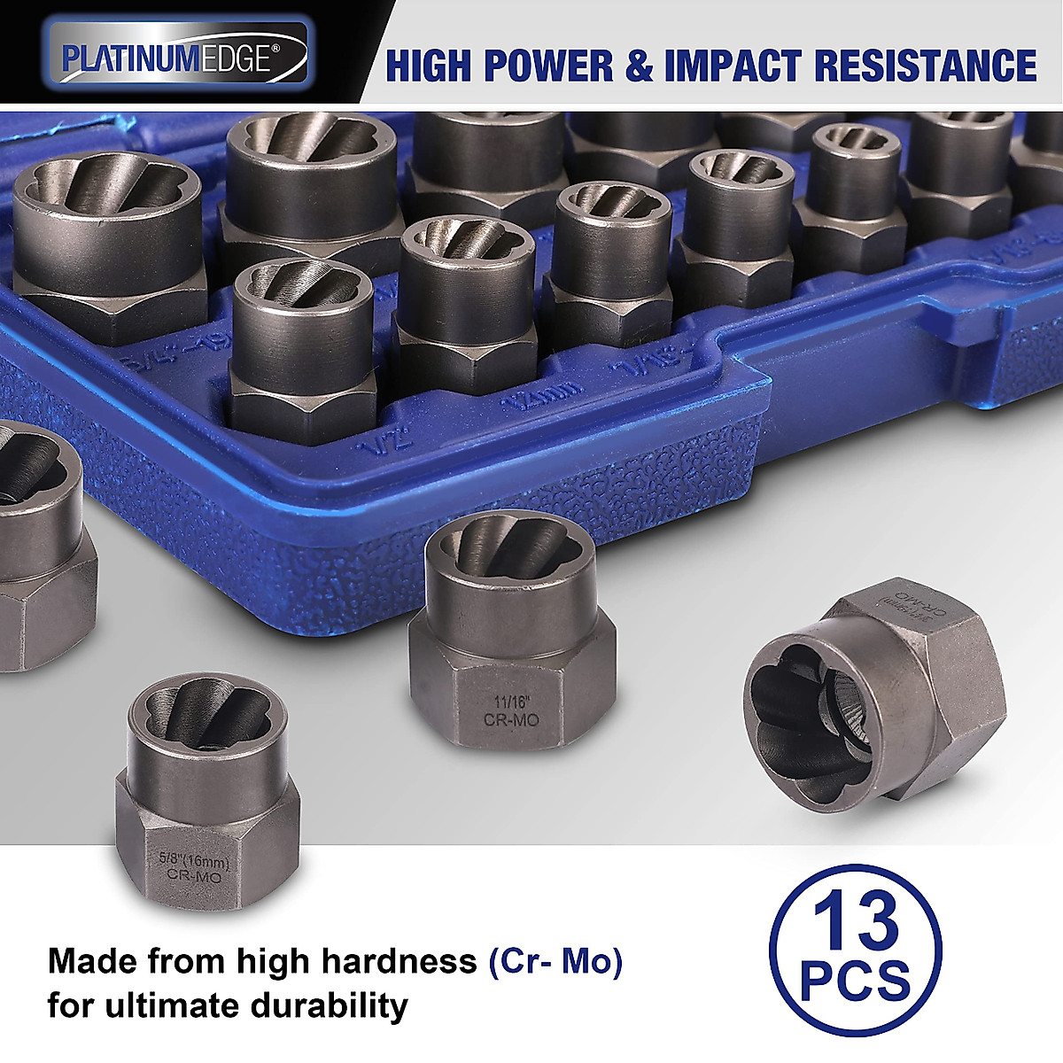 PLATINUMEDGE Bolt Extractor Tool Set, 13 Pieces Impact Bolt & Nut Remover Set, Stripped Lug Nut Remover, Extraction Socket Set for Easy Out Rusted Rounded Damaged Nuts Sockets and Bolts, Cr-Mo