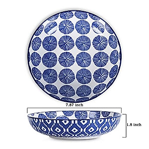 Selamica Porcelain 26 Ounce Pasta Bowls Set of 6, 8 inch Wide and Shallow Salad Bowls, Serving Bowls, Microwave & Dishwasher Safe, Sturdy & Stackable, Vintage Blue