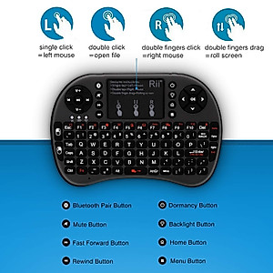Rii Mini Wireless Bluetooth Keyboard with Touchpad, Support Bluetooth +(RF) 2.4GHz Wireless Connection for Smartphones, PC, Tablet, Laptop TV Box iOS Android Windows Mac.Black