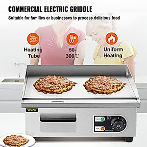 VEVOR Electric Countertop Griddle, 14-Inch, 1500W Grill with Adjustable Temperature Control 122°F-572°F, Non-Stick Commercial Restaurant Grill, 110V Stainless Steel Flat Top Grill