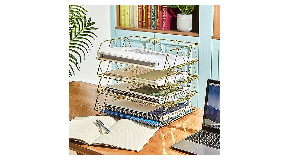 Yeaqee 4 Tier Gold Desk Organizer - Stackable Metal File Trays
