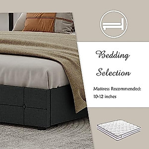 NNV Upholstered King Size Platform Bed Frame with 4 Storage Drawers, Button Tufted Mattress Foundation with Wooden Slats Support, No Box Spring Needed,Black