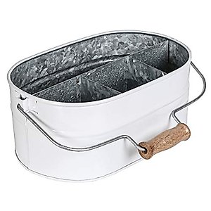 Flatware caddy, Utensil crock, Silverware caddy, Farmhouse utensil caddy for Kitchen Counter - Comfortable Wooden Handle Indoor/Outdoor Storage For Flatware, Condiments, Party Cutlery - White