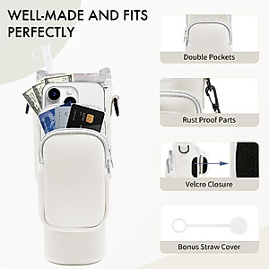JEBEALUO Water Bottle Carrier Bag with Phone Pocket for Stanley Cup 40/30 oz, Water Bottle Holder with Adjustable Strap& Straw Cover, Stanley Cup Accessories (White)