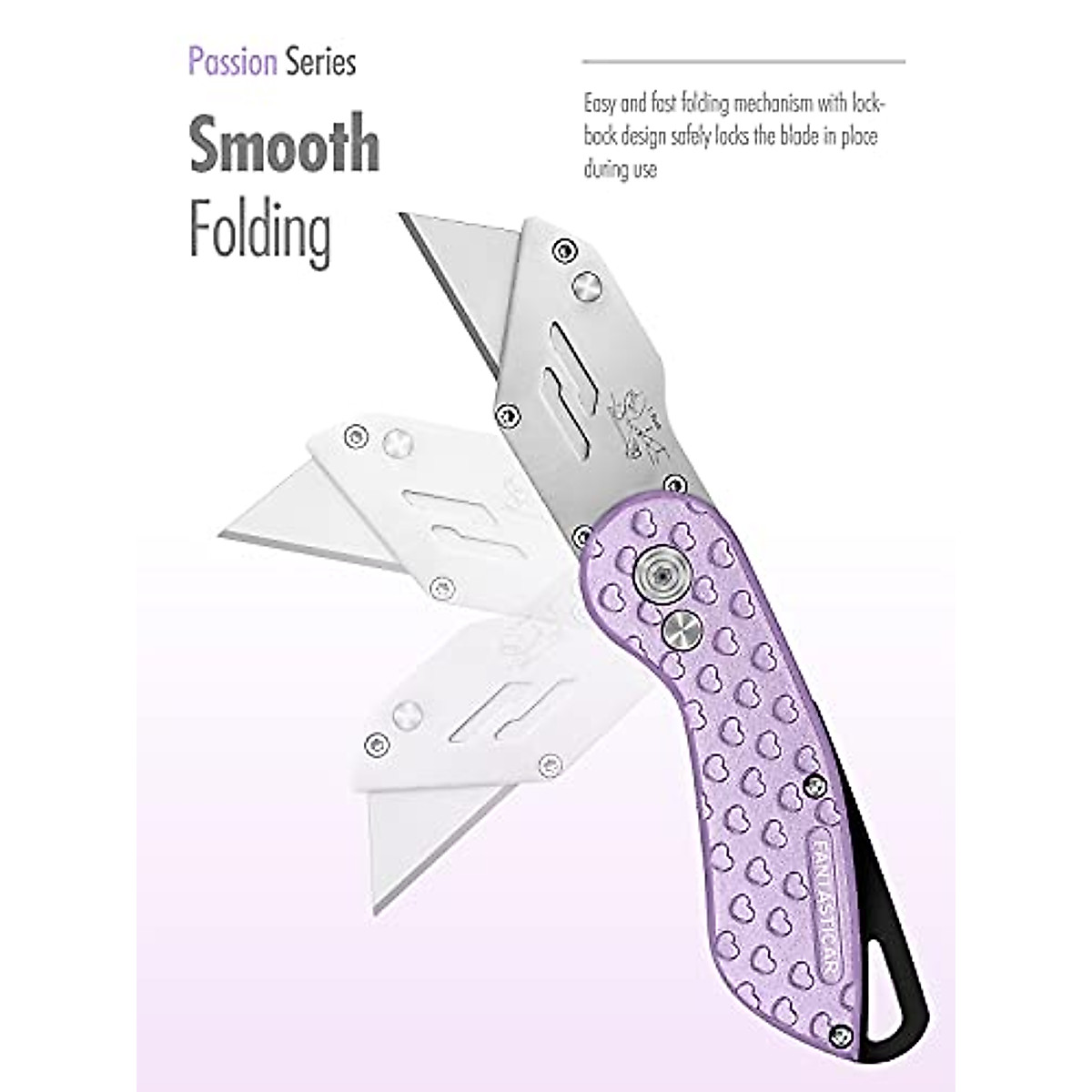 FantastiCAR Folding Utility Knife Cute Box Cutter, Chic Pattern on Metal Body with Extra 5 Blades (Purple-Hearts)