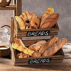 Rustic Fruit Basket, 2 Tier Standing Fruit Basket, Wooden Food Organizer & Retro Vegetable Stand Bread Racks, Farmhouse Food Basket for Kitchen, Office, Dining Room and Guest Room (Need Assemble)