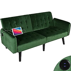 TYBOATLE 65" W Velvet Modern Convertible Folding Futon Couch Sofa Bed w/ 2 USB Charging Ports and arms, Loveseat for Compact Living Space, Dorm, Game Studio, Bonus Room, Apartment, Bedroom (Green)