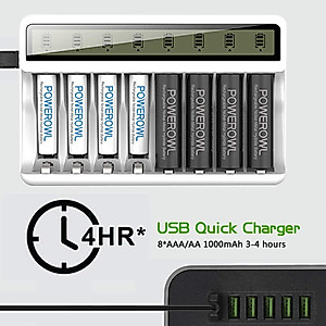 POWEROWL 2800mAh Rechargeable AA Batteries with Smart 8 Bay Battery Charger, Low Self Discharge Ni-MH Double A Batteries, 8 Count