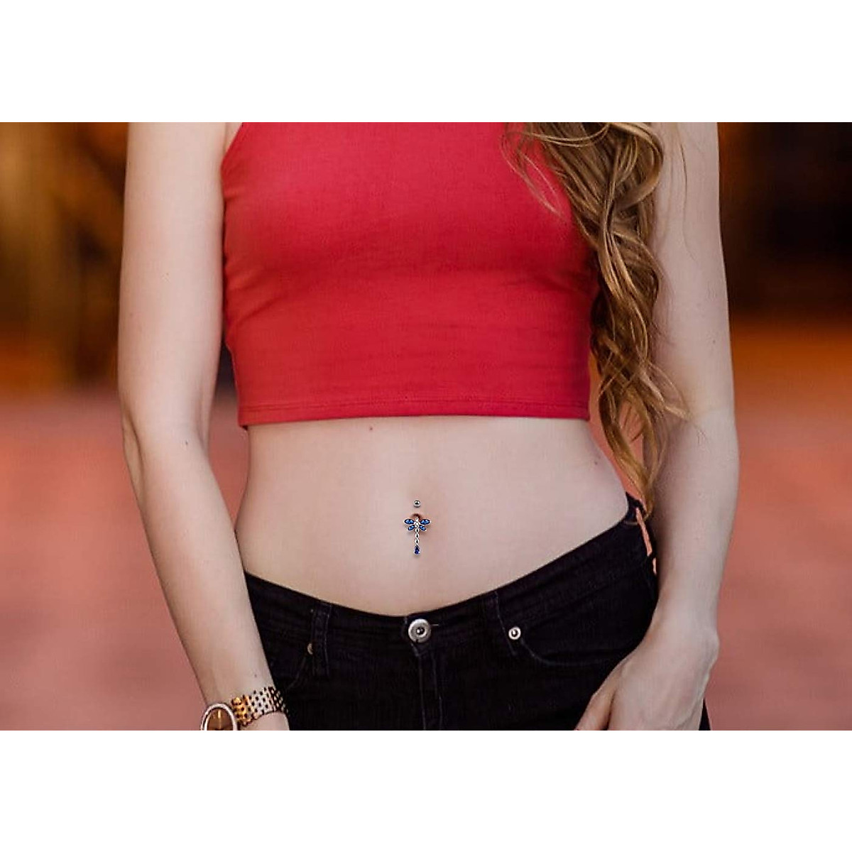 Clear CZ Crystal Stone Dragonfly with Multi Teardrop Dangling 925 Sterling Silver Belly Ring Body Jewelry