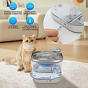 Spofan Cat Water Fountain Battery Operated, 2L/67oz Automatic Infrared Sensing Pets Waterer Fountain for Cats/Dogs Inside with Wireless Pump, Foodgrade 304 Stainless Steel Tray, 3 Filters