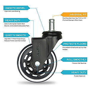 Office Chair Caster Wheels Set of 5,Replacement Rubber Casters for Office Chair and Gaming Chair, Universal Fit Stem Office Chairs Wheels for Hardwood Floor Heavy Duty Stem Caster Wheels