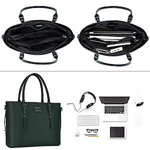 MOSISO PU Leather Laptop Tote Bag for Women (13-13.3 inch), Waterproof Large Capacity Business Work Briefcase Shoulder Laptop Bag, Midnight Green