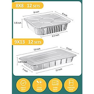 NEEBAKE 24 Pack Disposable Aluminum Pans with Lids Combo Set- 12 Large 9x13 Foil Pans Half Size & 12 Small 8x8 Tin Foil Baking Pans, Tin Trays Containers for Meal Prep, Food Cooking, Roasting, Heating