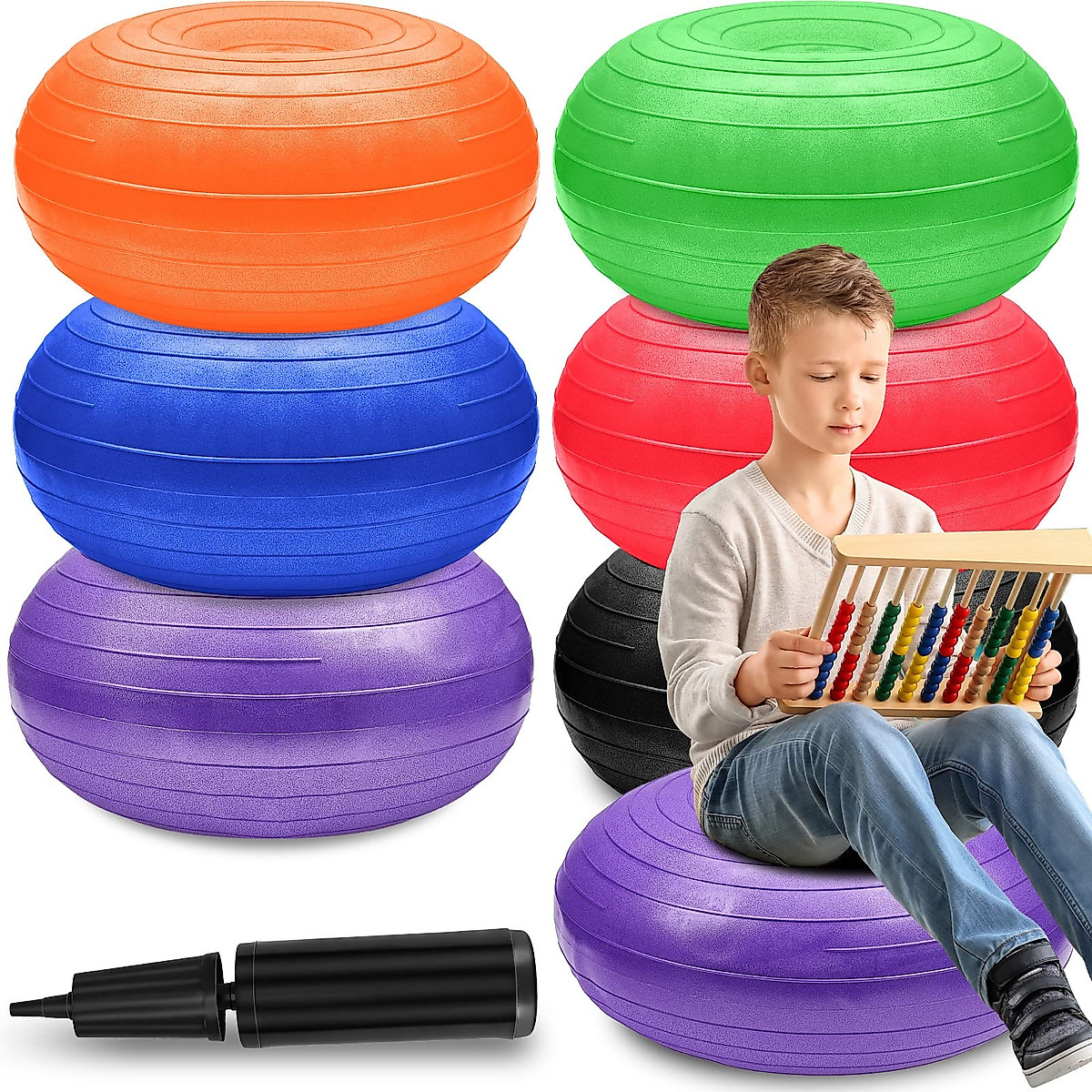 Lewtemi 6 Pieces Flexible Seating for Classroom Elementary Yoga Ball Chairs Wobble Seat for Kids Inflatable Donut Ball with Pump for Student Desk Chairs Exercise (Bright Color)