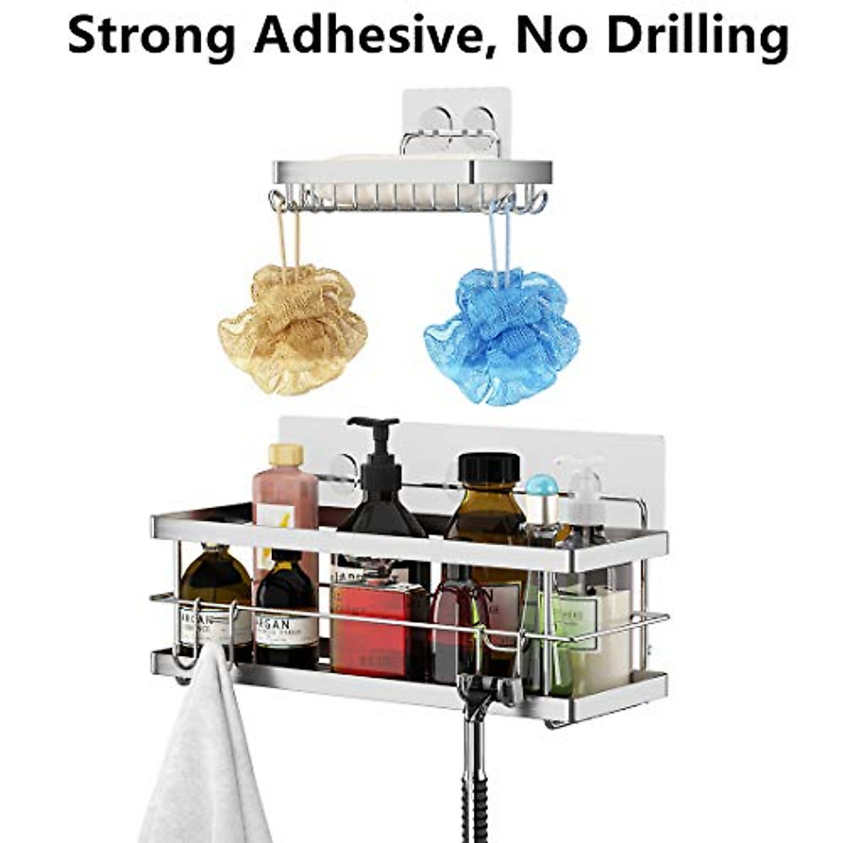 KESOL Shower Caddy + Soap Dish with Hooks for Hanging Sponge and Razor, Shower Organizer Shampoo Holder, No Drilling Adhesive Wall Mounted, Rustproof SUS304 Stainless Steel- 2 Pack