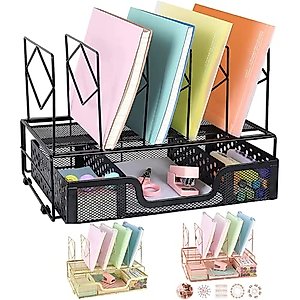 Spacrea Desk Organizers and Accessories, File Folder Holders Desktop Organization with 5 Upright Sections & Drawer, Great for Workspace College Dorm Home Office（Black）