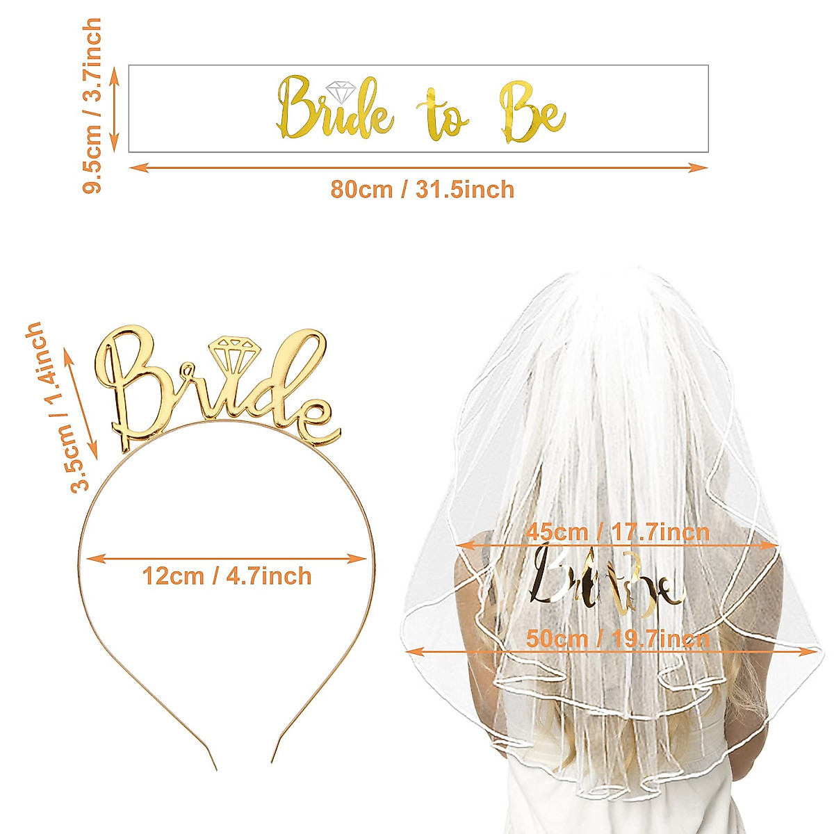 Yolev Bachelorette Party Accessories Set, 3 Piece Rose Gold Bridal Shower Decoration Accessories-Bride to Be Sash and Veil Bride Headband for Bachelorette Party Supplies