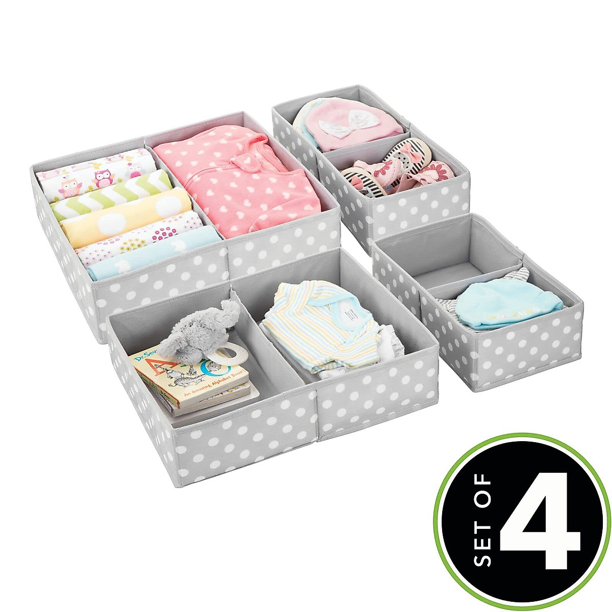 mDesign Fabric Drawer Storage Divider Organizer Bins for Nursery, Kids Bedroom Dresser, Closet, Shelf, Playroom Organization, Hold Clothes, Toys, Diapers, 2 Pack, Gray/White Polka Dot