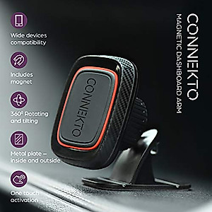 CONNEKTO Magnetic Car Dashboard Arm A014: Universal Black Smartphone Holder for Vehicle Car Dash Rotates Tilts, 4 Magnets, Compatible, 3M Tape Install